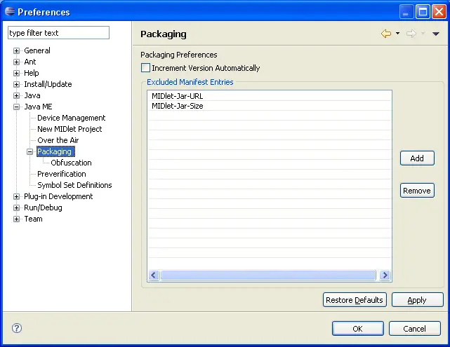 Eclipse Java ME (J2ME) Developer Guide (Galileo) - Packaging Preferences