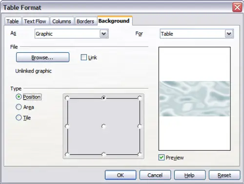 OpenOffice Writer 3.x - Selecting background colors and graphics